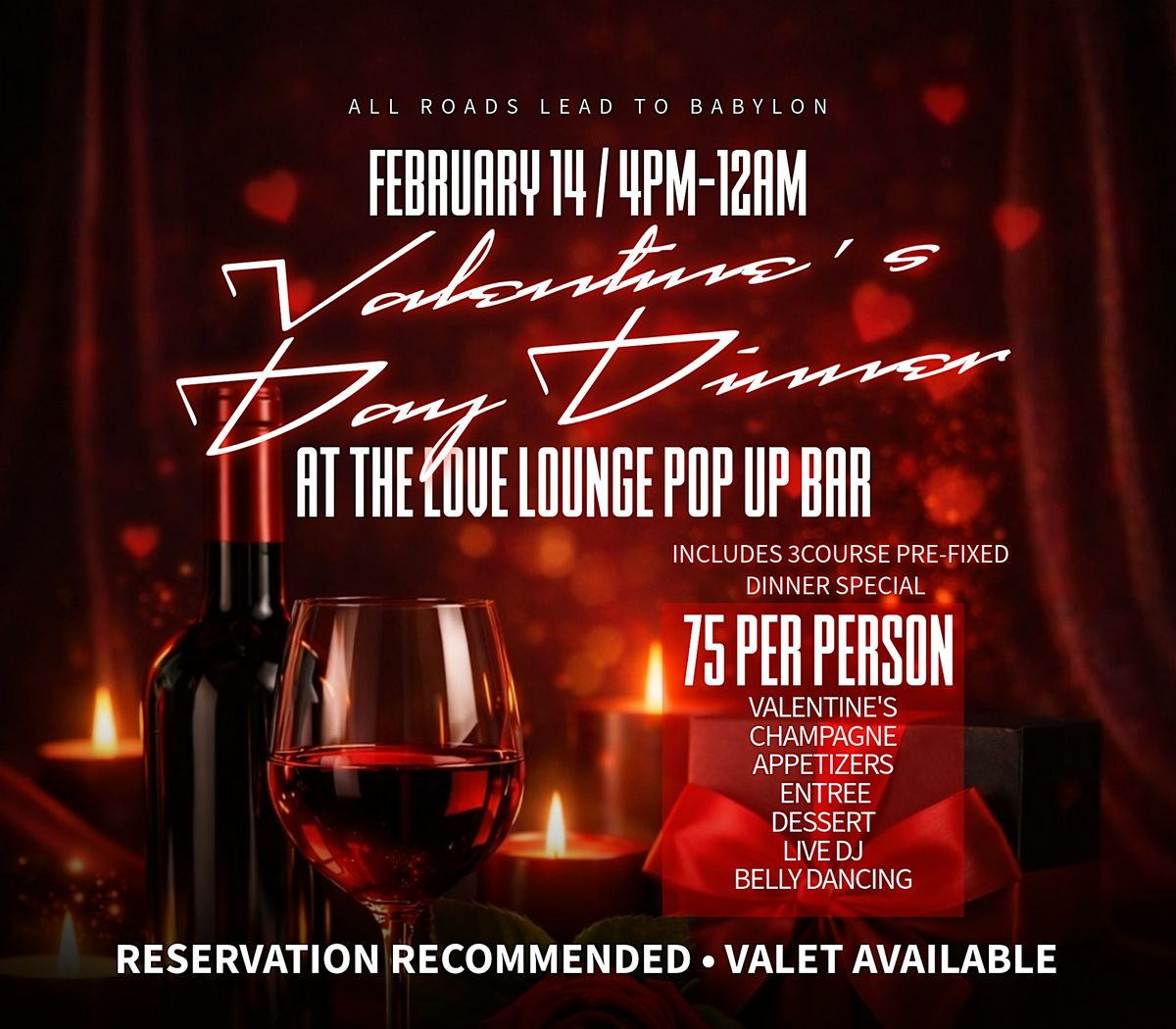 Valentines 3 Course Dinner at Babylon Cafe (Love Lounge Pop Up Bar!) at ...
